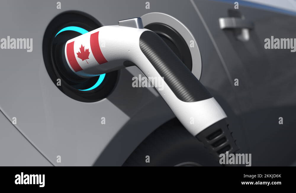 Charging plug in an electric car with flag of Canada. Conceptual 3d ...