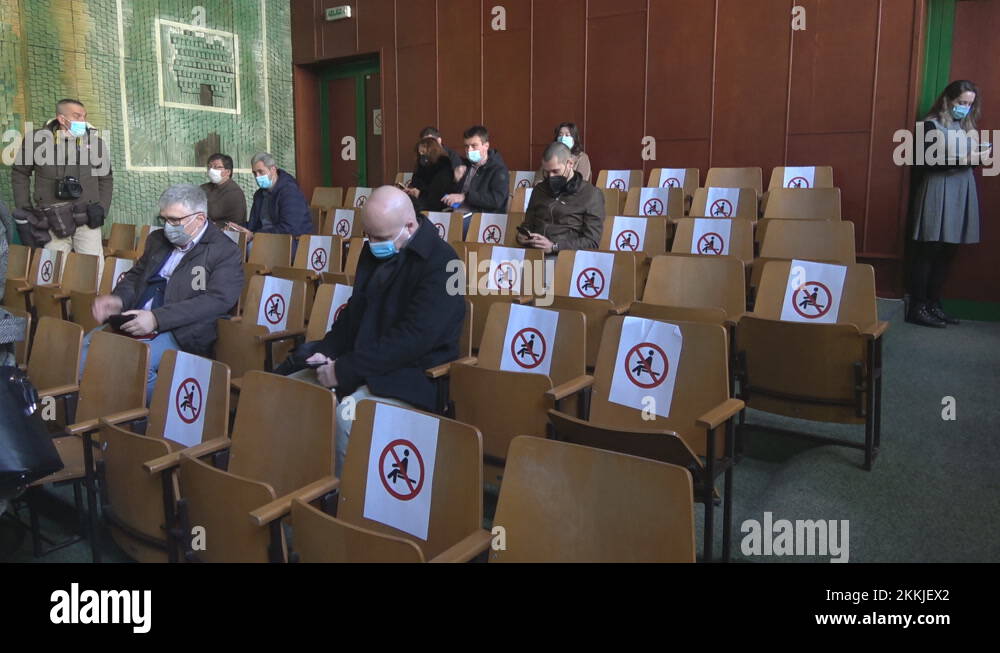 press conference, seats marked for covid19 distance Stock Video Footage ...
