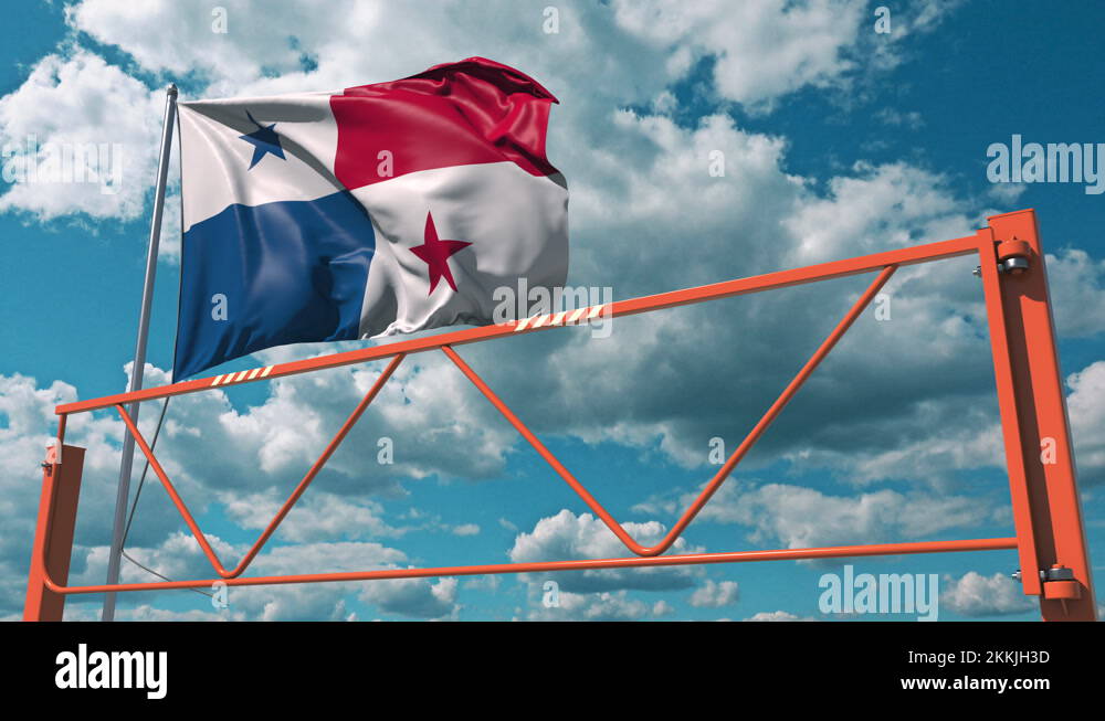 Manual swing arm road barrier and flag of Panama. Restricted entry ...