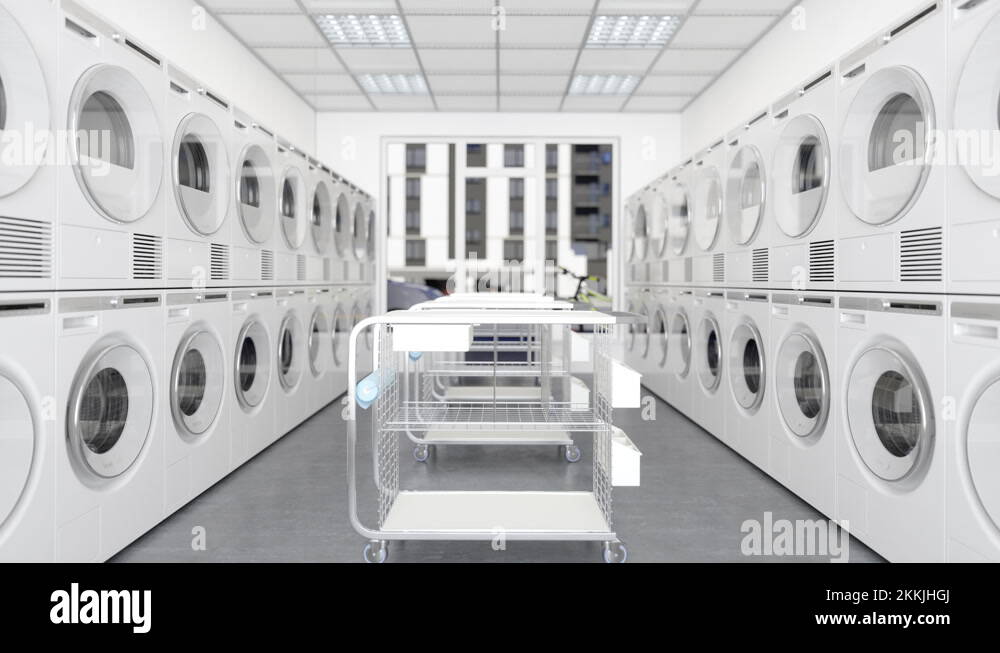 White Laundry Machines And Dryers In A Row In Laundromat With Wheeled ...