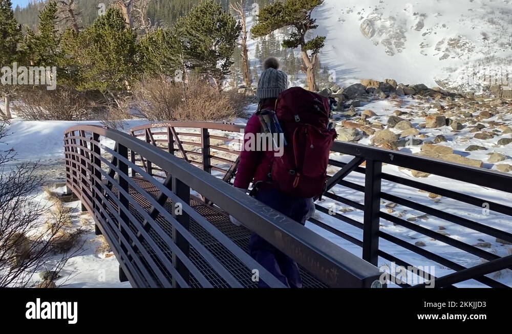 Female Hiker With Packpack Walking Over Bridge on Hiking Trail in ...