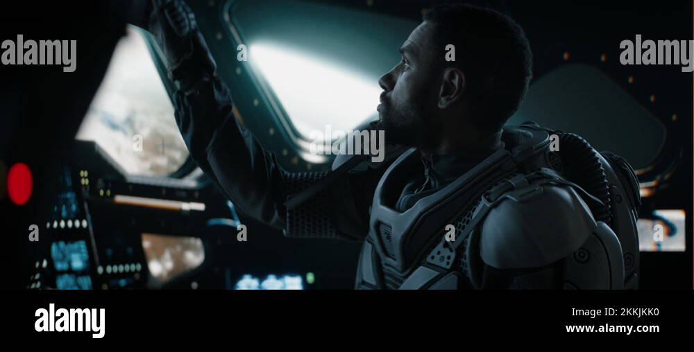 CU Portrait of African American Black male astronaut inside spaceship ...