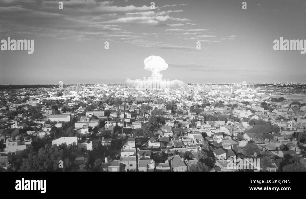 Realistic Nuclear Blast Over City Suburbs. Black and White Old Film ...