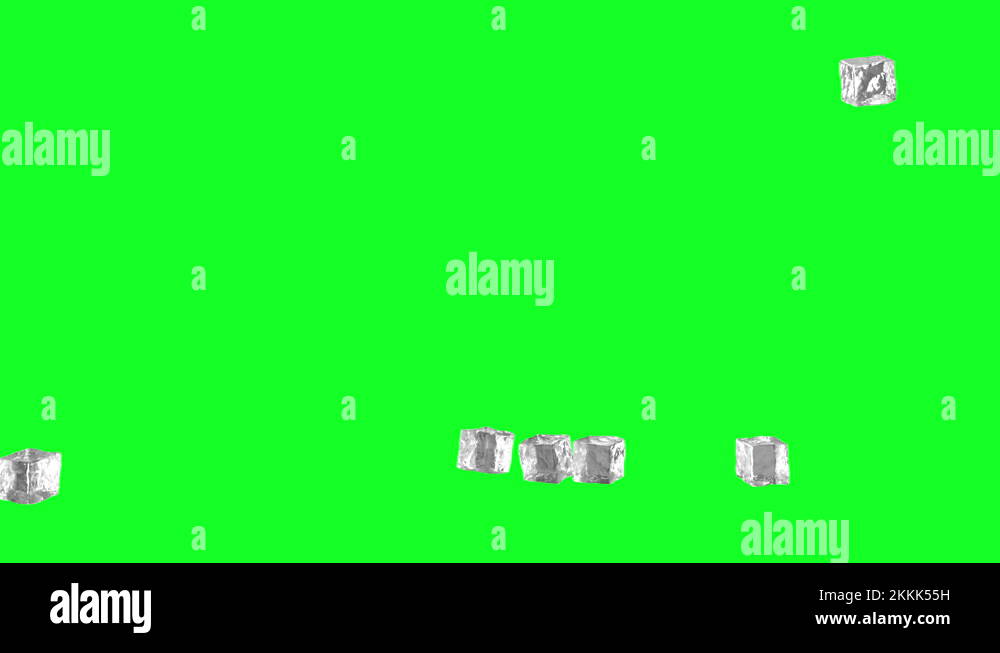 Frozen ice cubes for cocktails rain falling to the floor on green ...