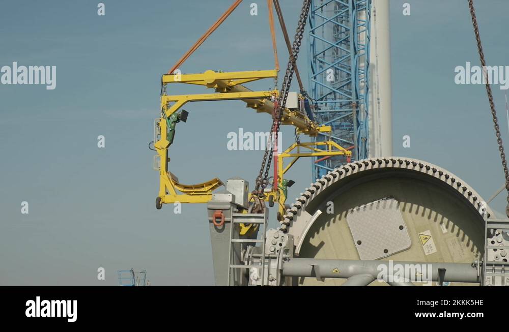 Equipment for lifting and installing wind turbine pillars Stock Video ...
