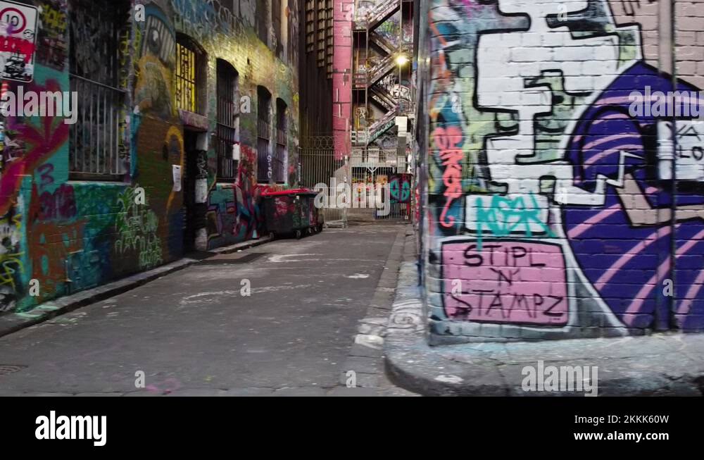 Panning across urban city laneways and walls covered in cool street art ...