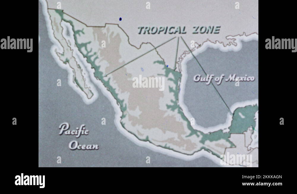 Mexico 1950s: Map of Mexico with the words "Tropical Zone". Five men in ...
