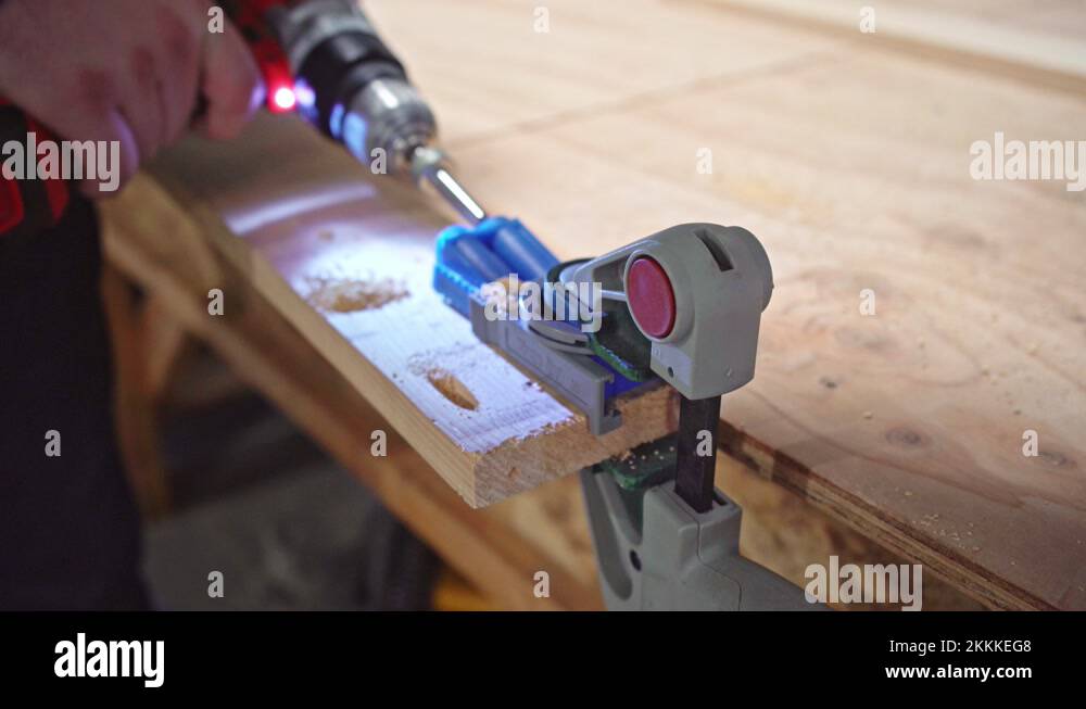 Cordless Electric Drill Used In Drilling Pocket Hole. close up Stock ...