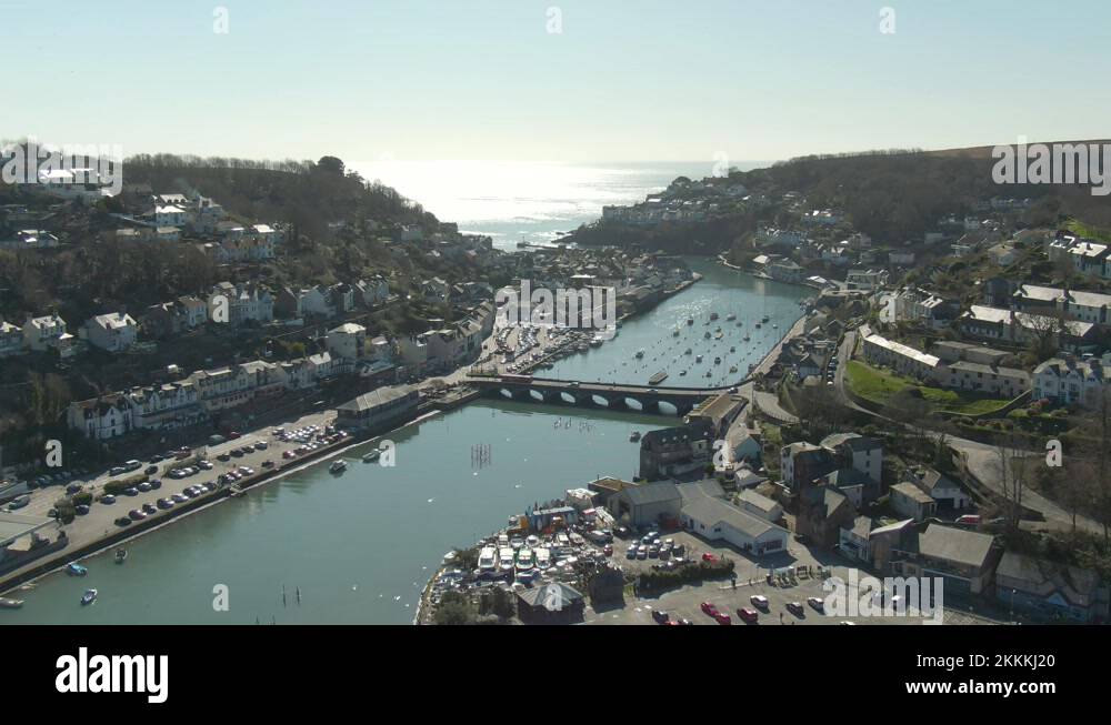 Aerial of Looe town centre. The famous bridge crossing the looe river ...