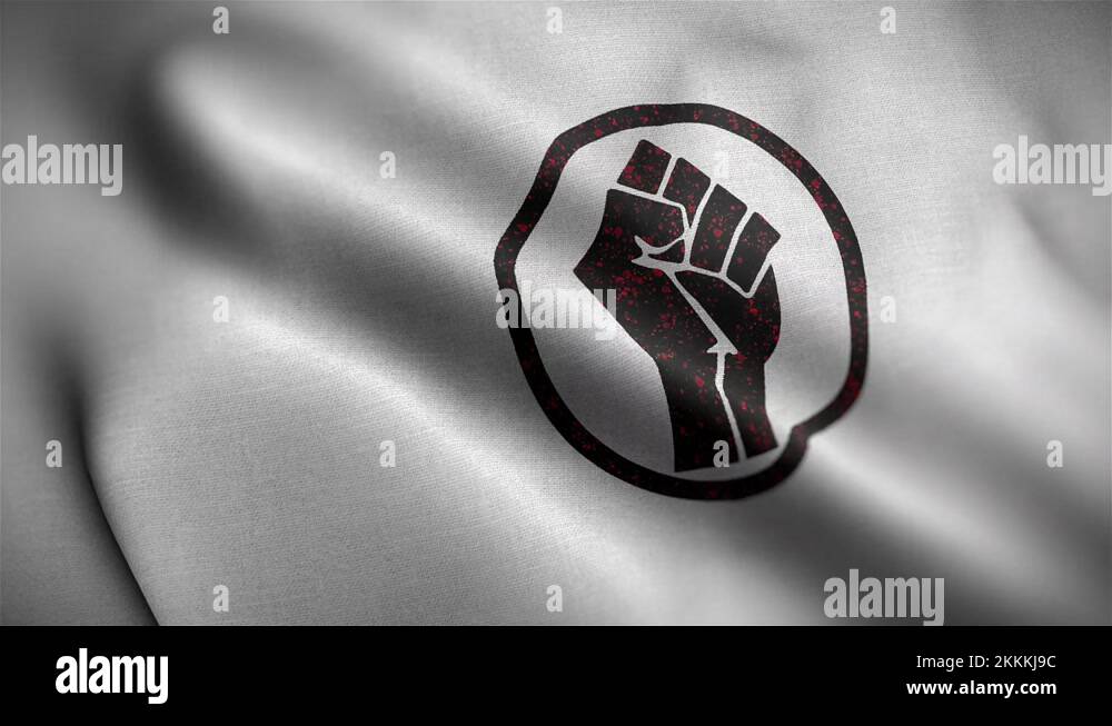 Angled view of the White and Black Fist of Power Flag flapping in HD ...