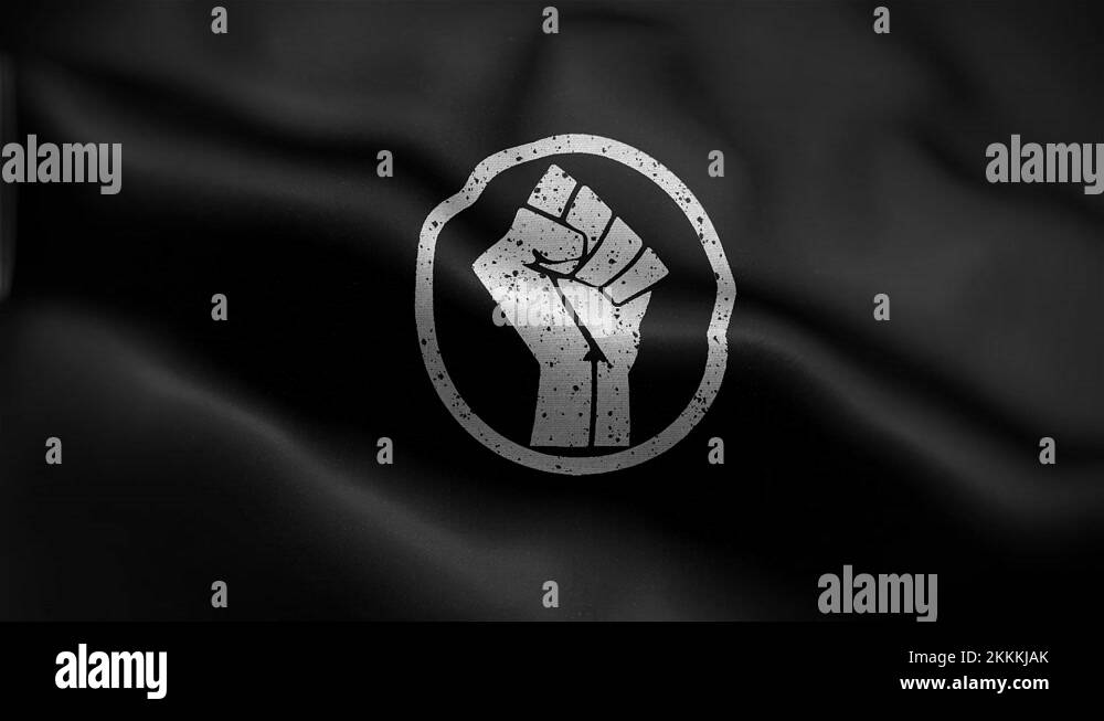 Frontal view of the Black and White Fist of Power Flag flapping in HD ...