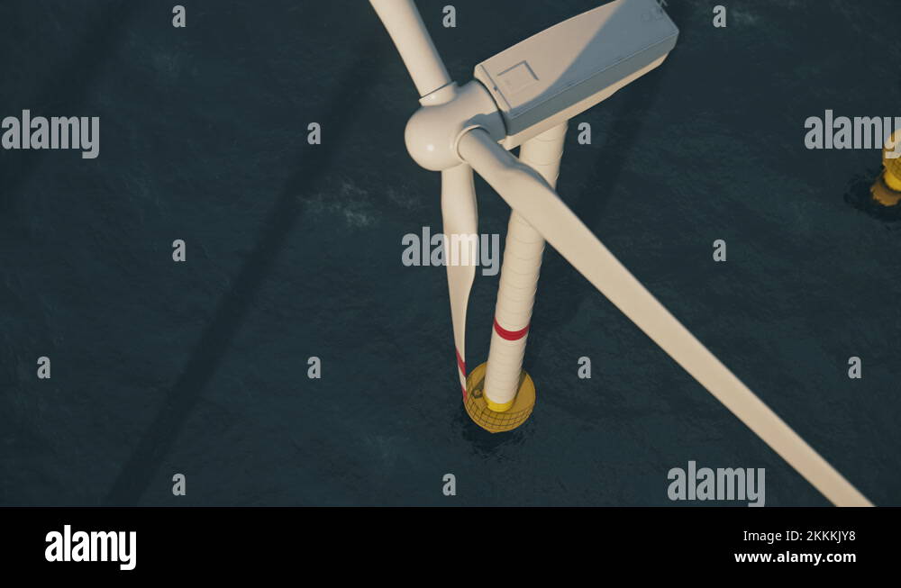 seamless looping animation of a row of offshore wind turbines in the ...