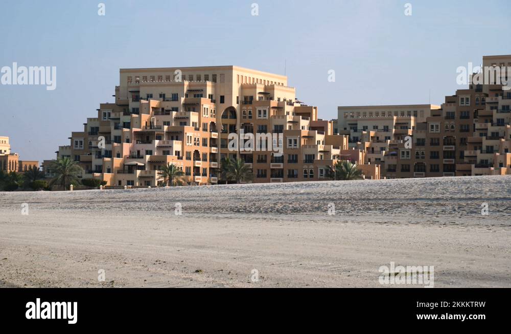 Marjan Island beach in Ras al Khaimah emirate in the UAE aerial view ...