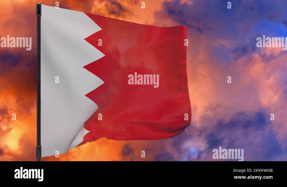 Bahrain flag on pole with sky background seamless loop 3d animation ...