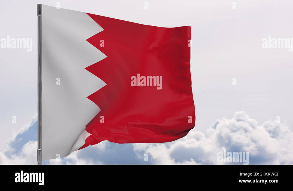 Bahrain flag on pole with sky background seamless loop 3d animation ...