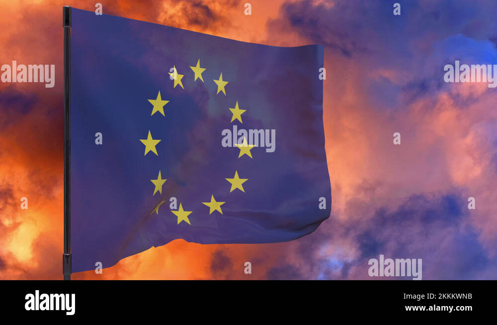 Europe EU flag on pole with sky background seamless loop 3d animation ...