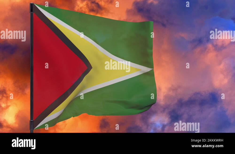Guyana flag on pole with sky background seamless loop 3d animation Stock Video Footage - Alamy