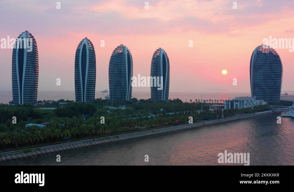 sunset hainan island famous sanya phoenix hotel aerial panorama 4k ...
