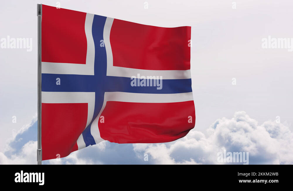 Norway flag on pole with sky background seamless loop 3d animation ...