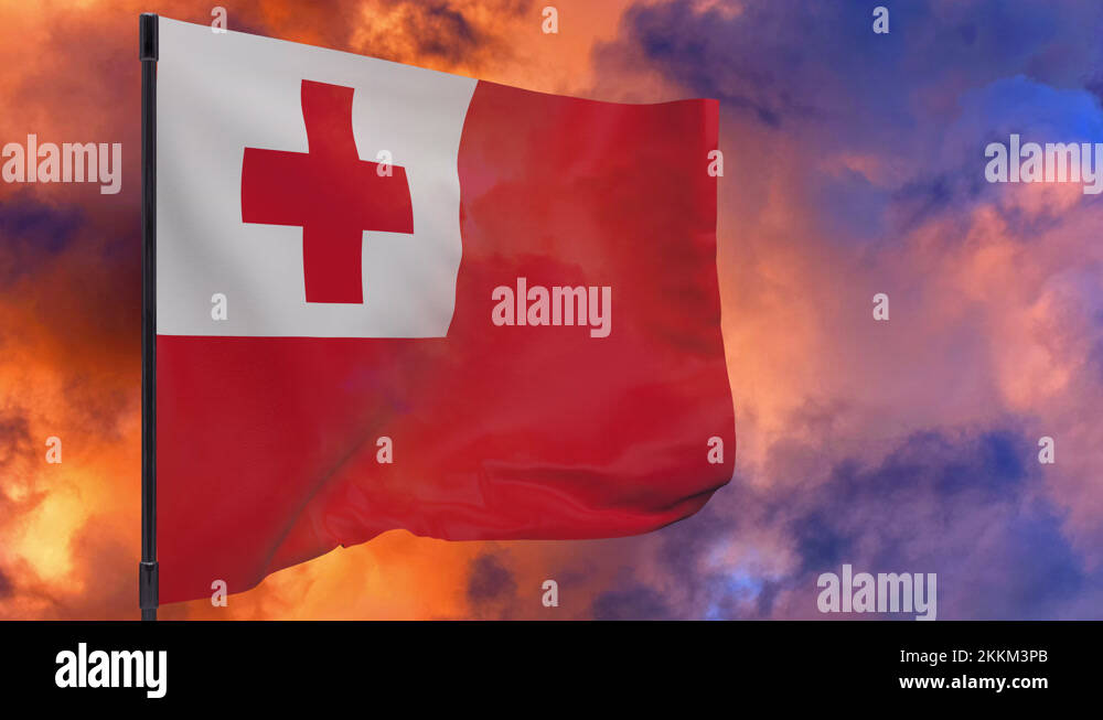 Tonga flag on pole with sky background seamless loop 3d animation Stock ...