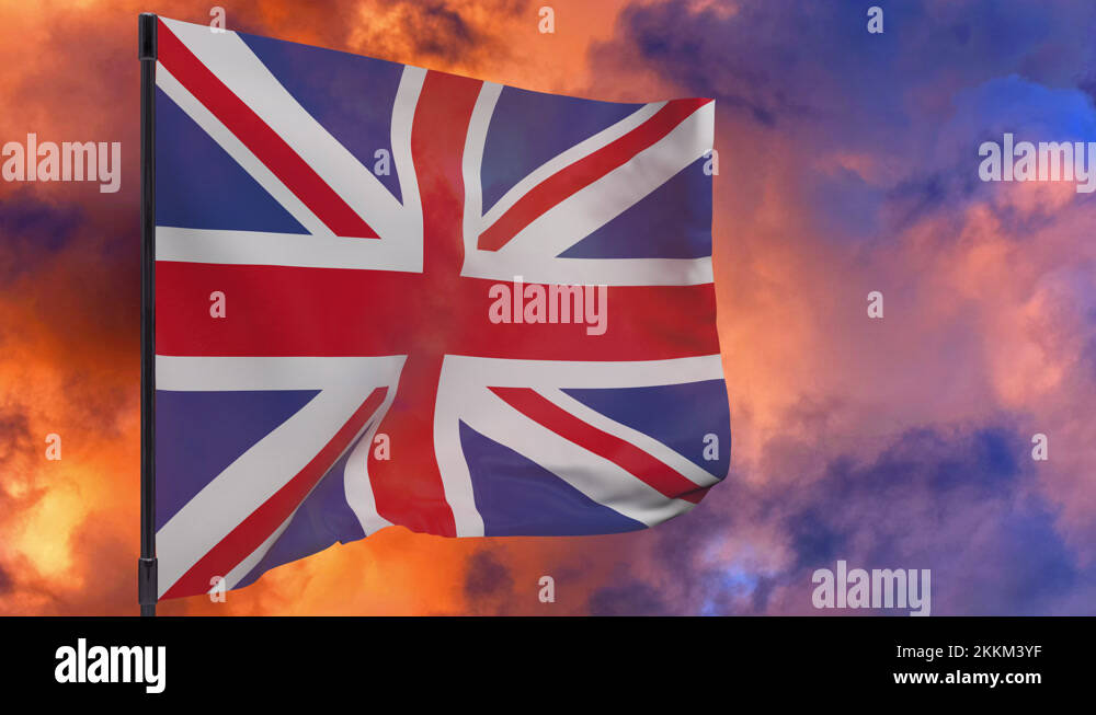 United Kingdom flag on pole with sky background seamless loop 3d ...