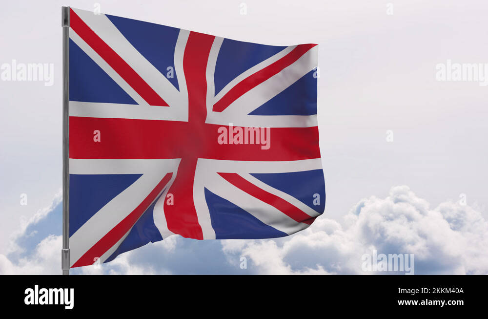 United Kingdom flag on pole with sky background seamless loop 3d ...