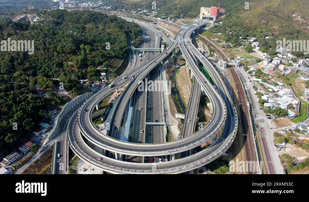 Traffic on a Massive highway interchange with multiple levels and loop ...