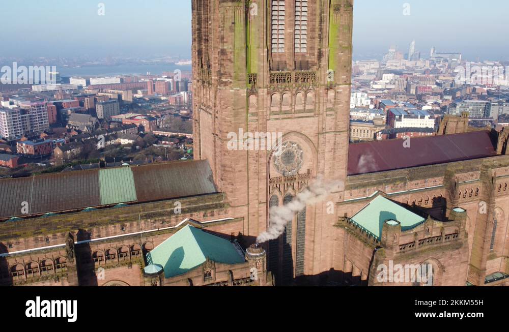 Liverpool Anglican cathedral historical gothic landmark aerial tilt up ...