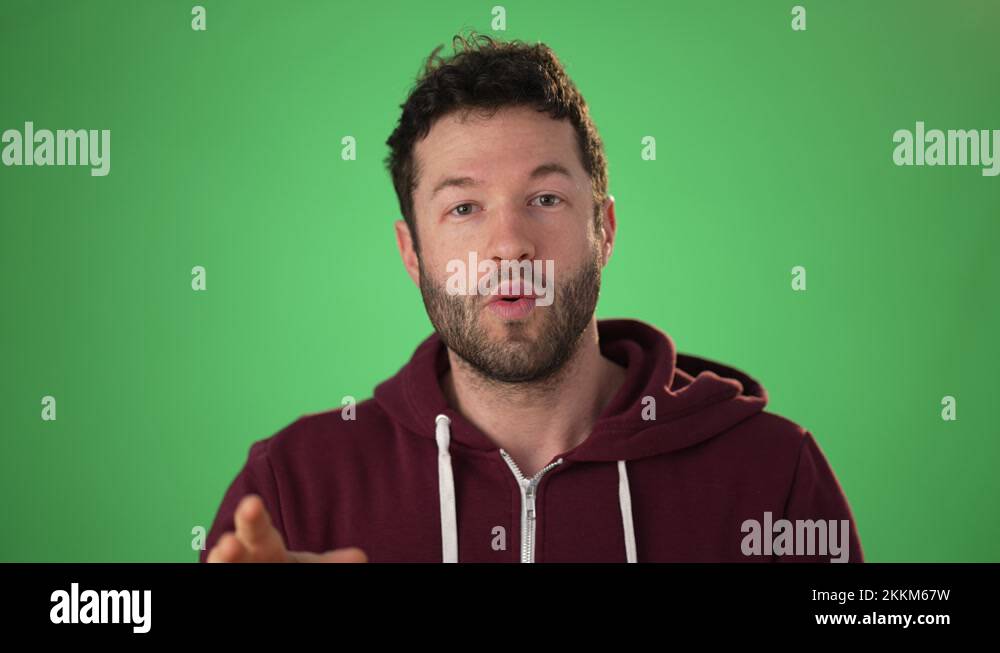 Close up head shot portrait man applicant on green screen chroma key ...