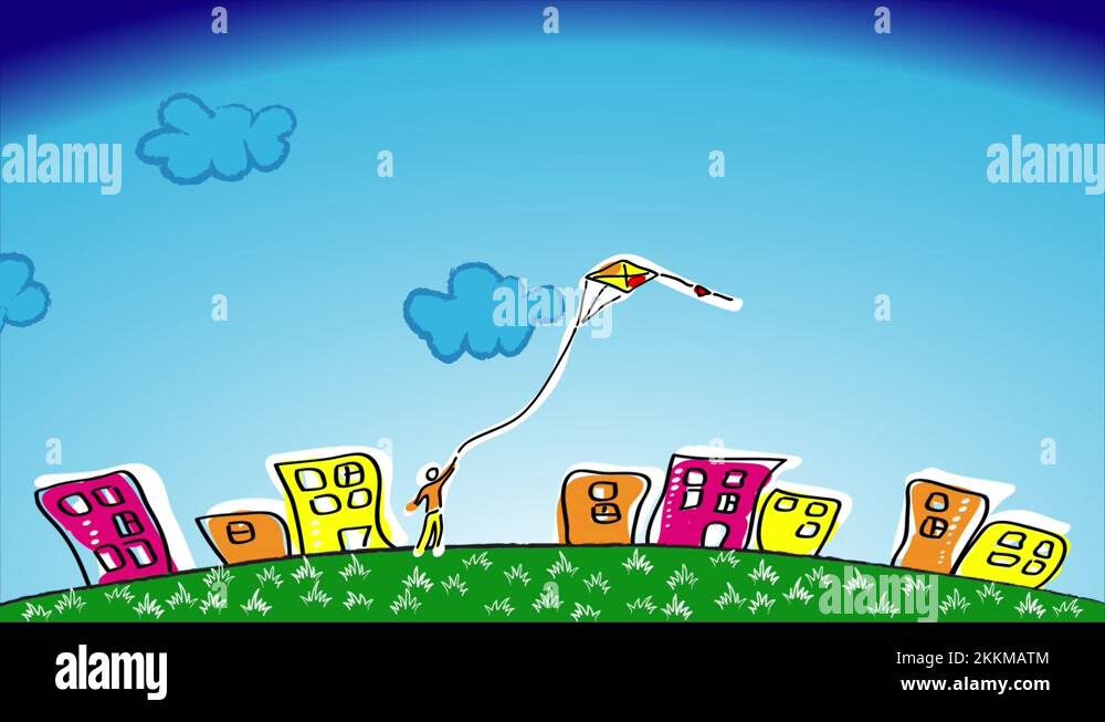 Guy holds kite by the string that moves in wind. Blue clouds float ...