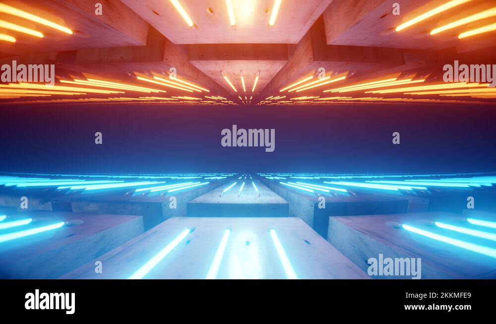 Futuristic Sci Fi space. Blue and yellow neon tube lights glow Stock ...