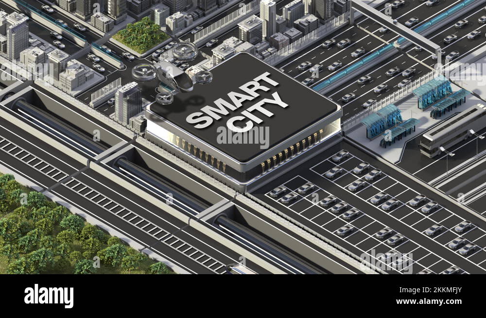 Traffic in a city controlled by CPU chip, 'Smart city'.AI cpu in the ...