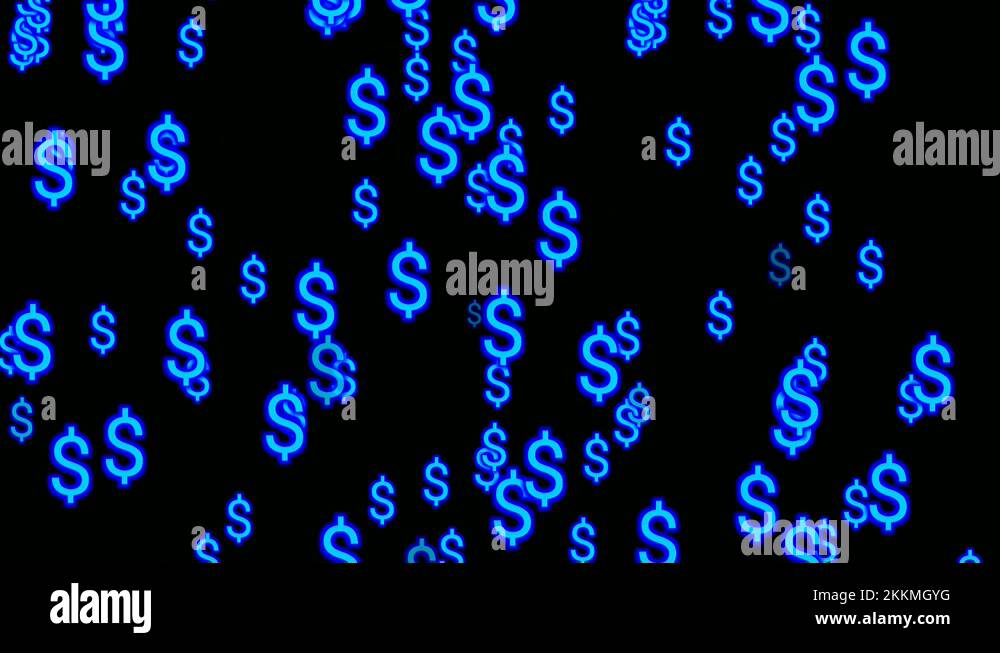 Neon blue light dollar sign on black background.Rain drop of dollar ...