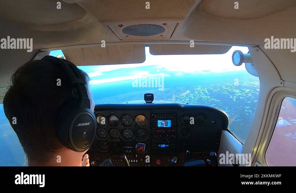 Pilot is flying the plane, view from the cockpit, landscape view ...