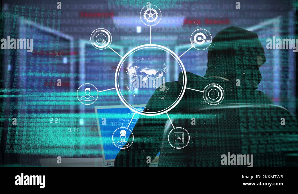 Animation of interface with globe and connected icons and and hooded ...