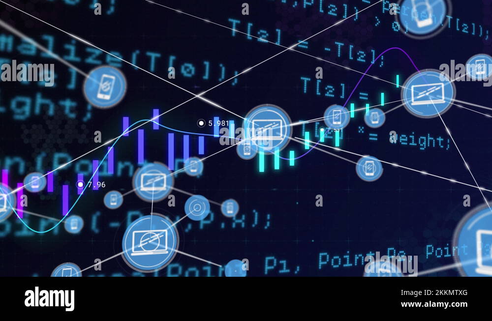 Animation of network of connected media icons and data on black ...