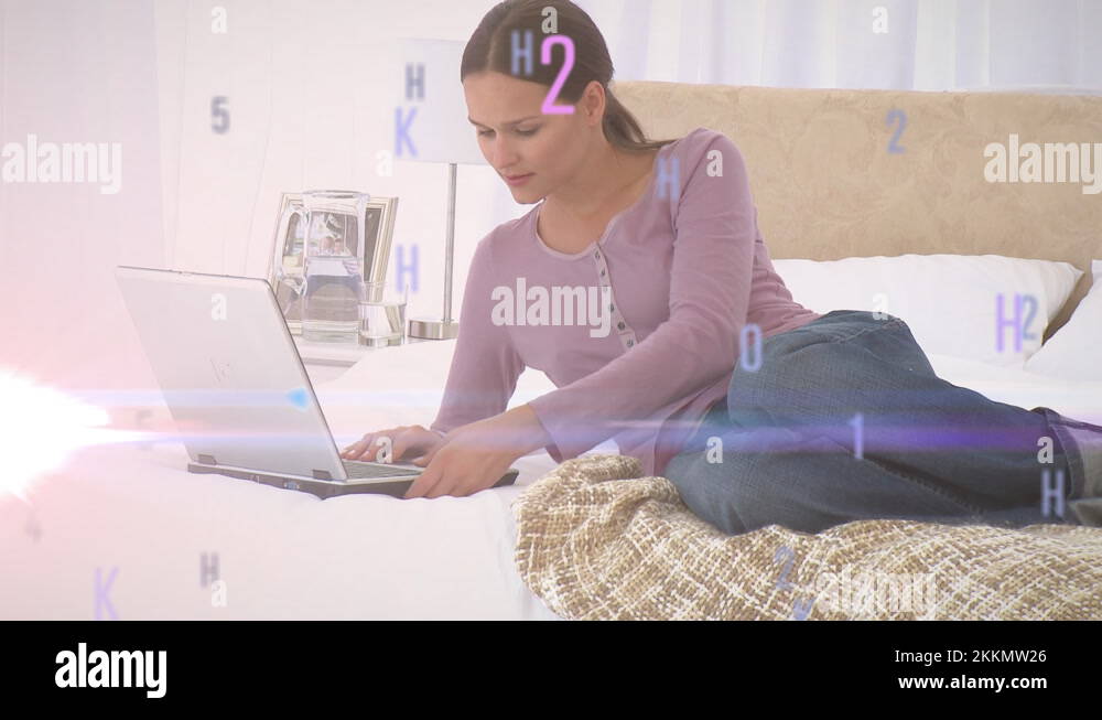 Animation of floating colourful letters and numbers over woman lying on ...