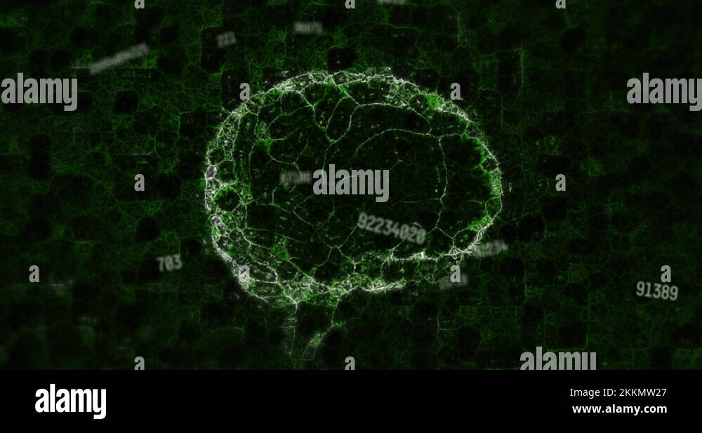 Animation of floating changing numbers over 3d model of human brain ...