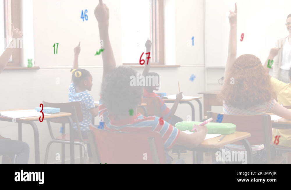 Animation of numbers changing over female teacher with school children ...