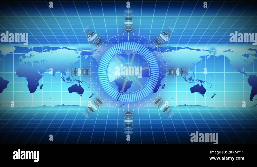 Animation of circular scope scanning with world map and grid on blue Stock Video Footage - Alamy