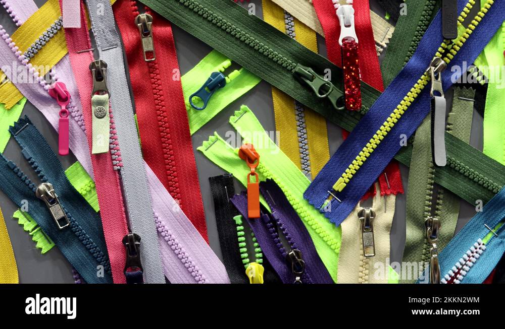 different color, length and type of zipper in the atelier Stock Video ...