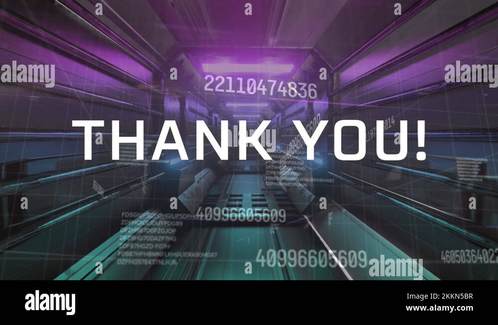 Animation of thank you text with floating numbers over a blue tunnel ...