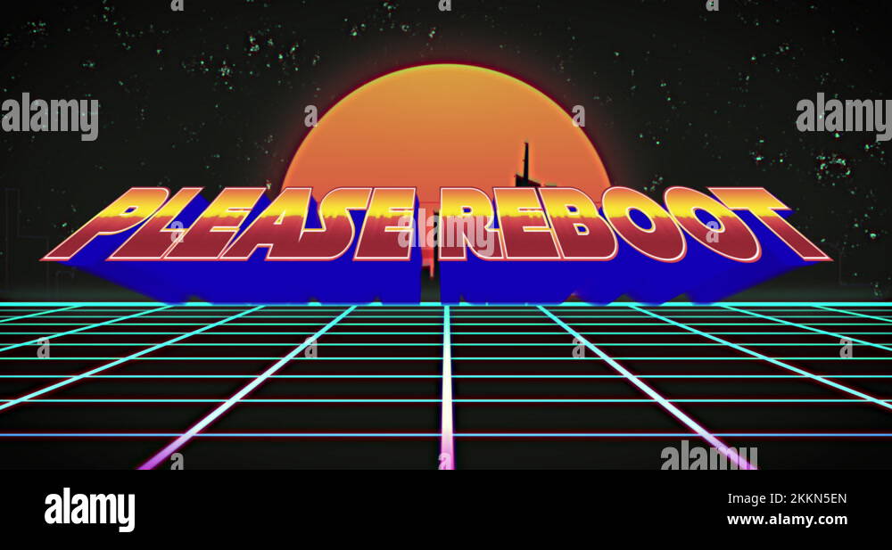 Animation of please reboot text over a grid and digital sunset Stock ...