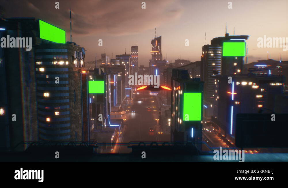 4K looped background with green screen banners. 3D City of the future ...