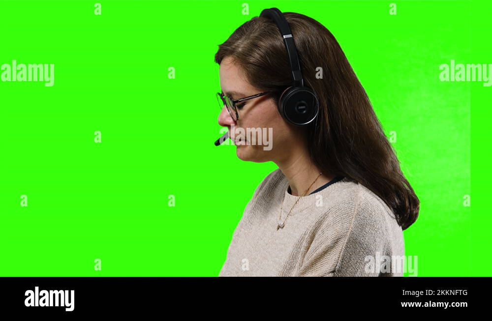 Call Center Female Agent Customer Service On Green Screen, Profile ...