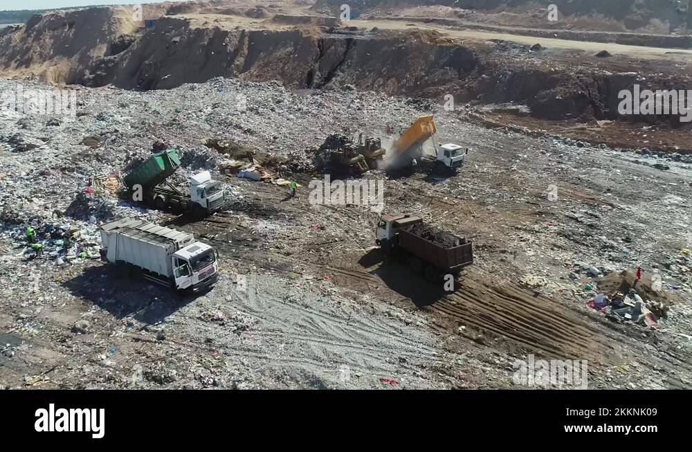 Open city garbage dump, general plan, top view, camera movement. Birds ...