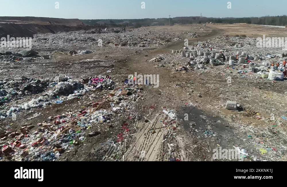 Open city garbage dump, general plan, top view, camera movement. Birds ...