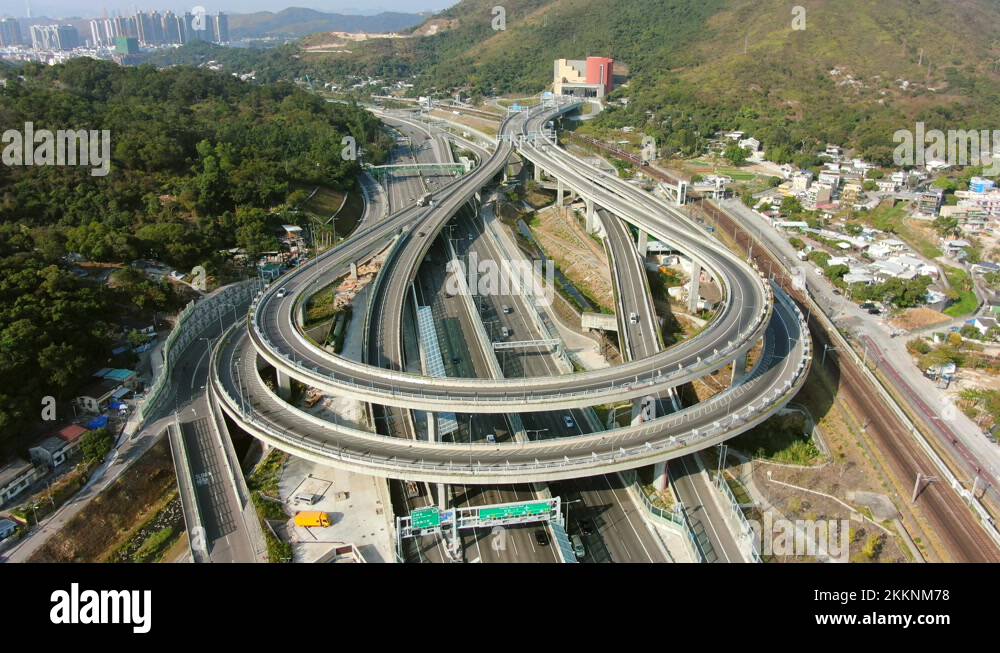 Traffic on a Massive highway interchange with multiple levels and loop ...