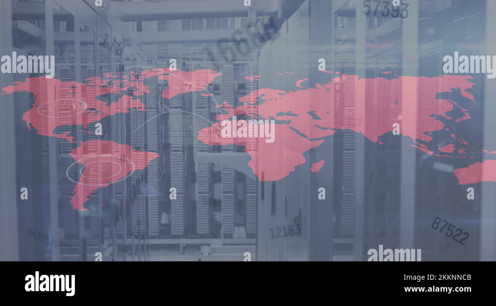 Multiple changing numbers over world map against empty server room Stock Video Footage - Alamy