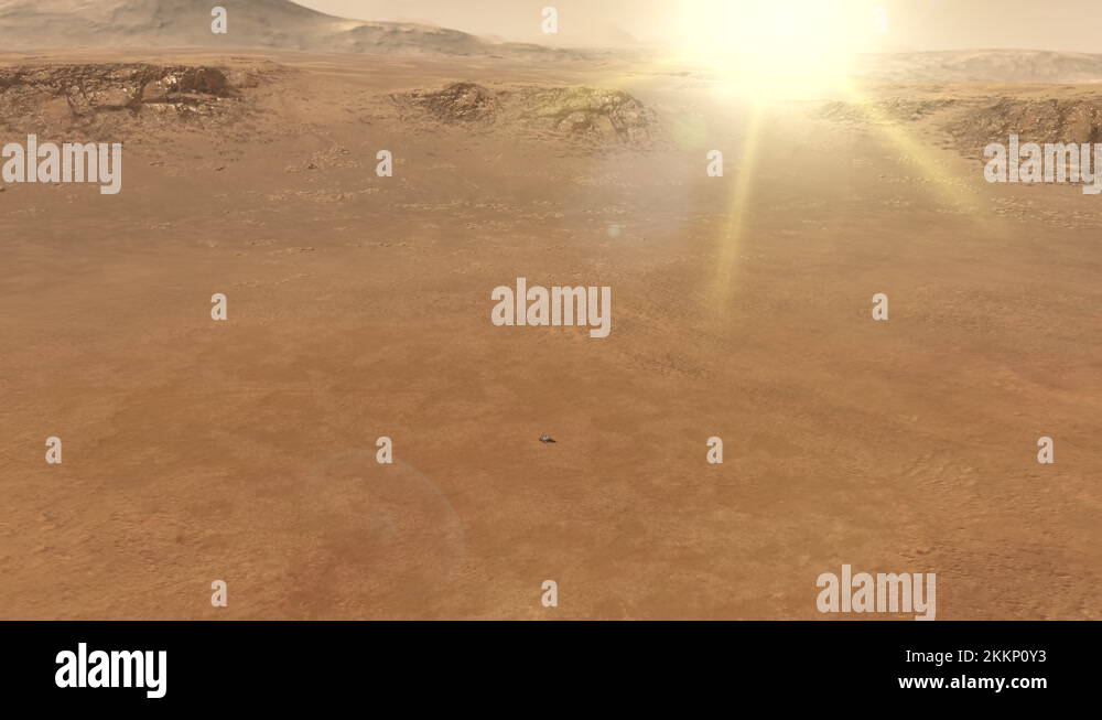 Raising to height with view of object on surface of the red planet ...